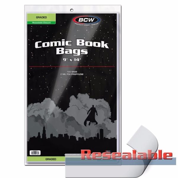 Resealable logo over a pack of BCW Resealable Graded Comic Bags ...
